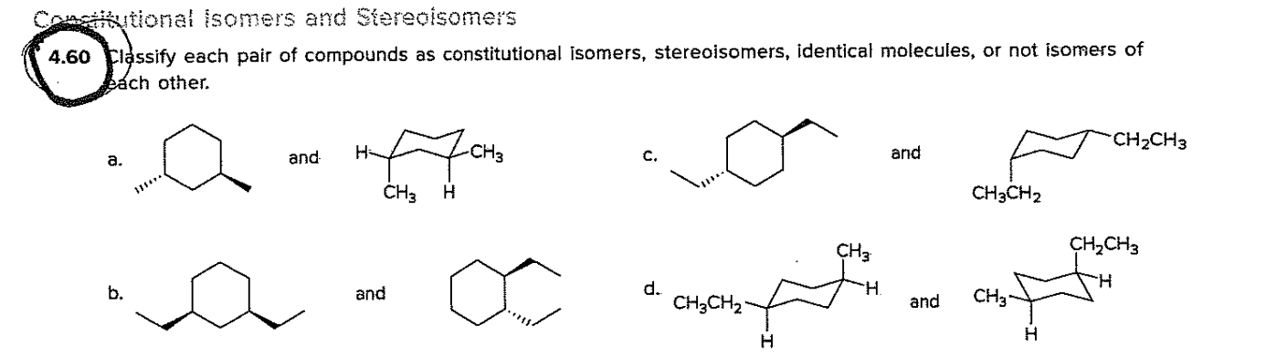 Solved tutional isomers and Stereoisomers 4.60 Classify each | Chegg.com