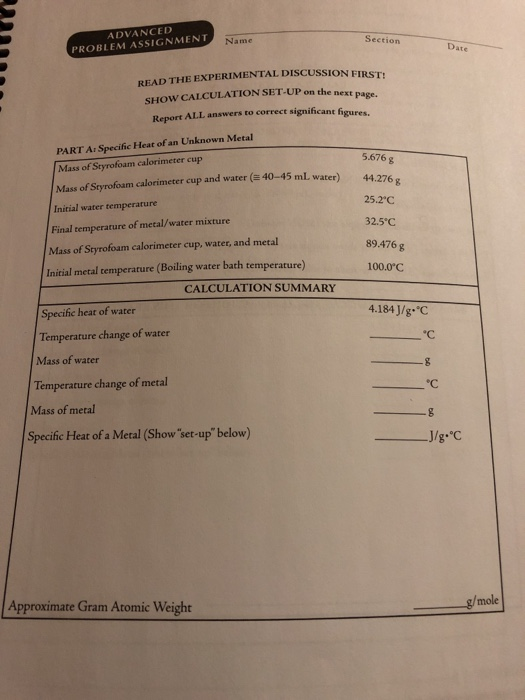 Solved ADVANCED PROBLEM ASSIGNMENT Name Section Date READ | Chegg.com