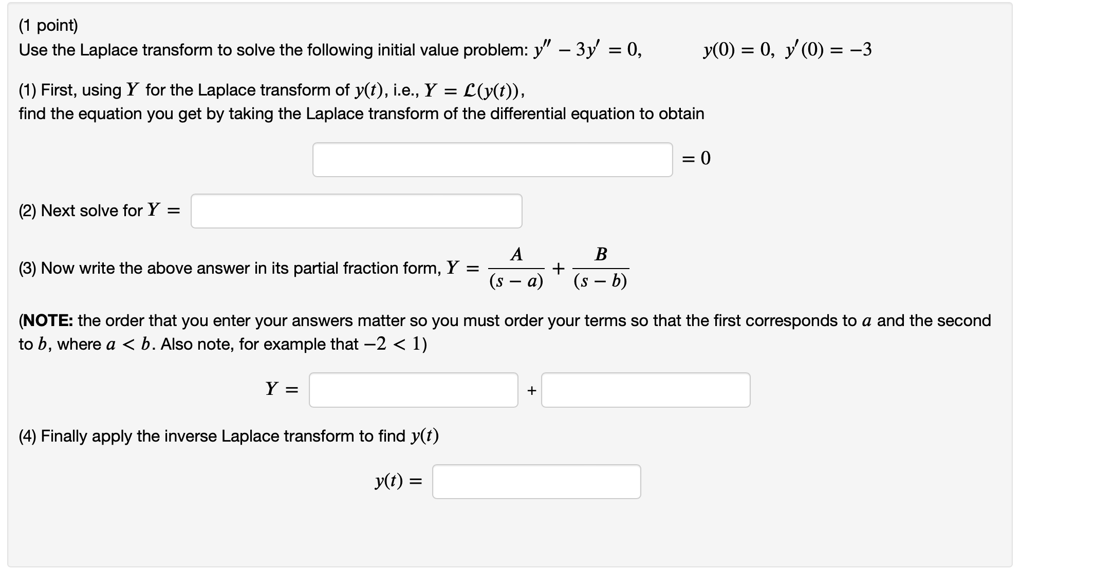 Solved (1 point) Use the Laplace transform to solve the | Chegg.com