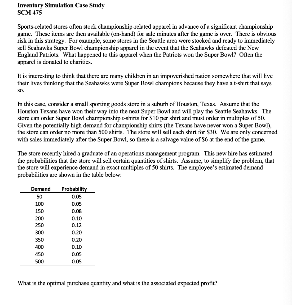 Inventory Simulation Case Study SCM 475 | Chegg.com