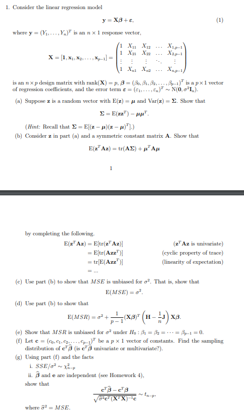 Solved 1. Consider the linear regression model y=Xβ+ε, where | Chegg.com
