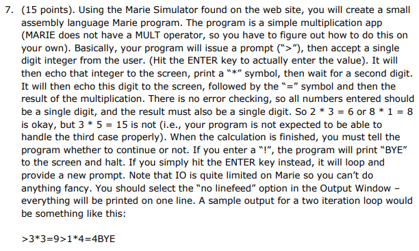 Solved 7. (15 points). Using the Marie Simulator found on | Chegg.com