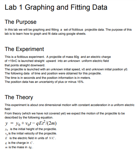 Solved Lab 1 Graphing and Fitting Data The Purpose In this | Chegg.com