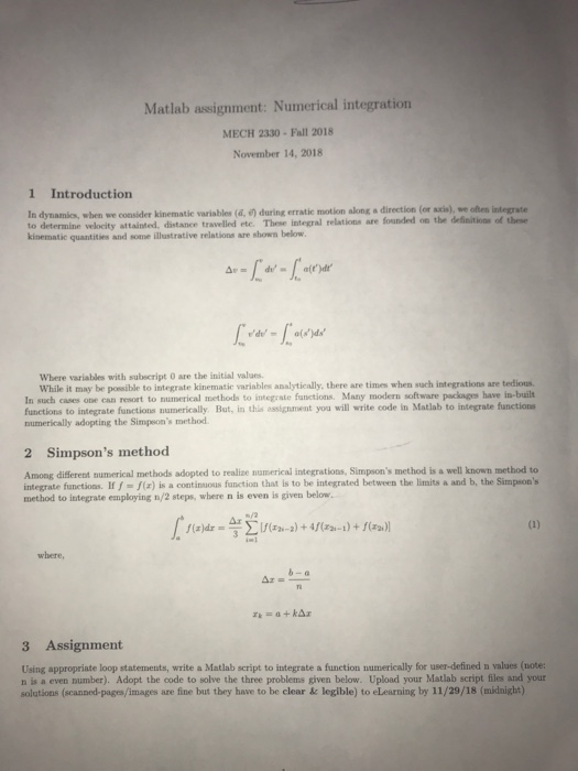 Solved Matlab assignment: Numerical integration MECH | Chegg.com