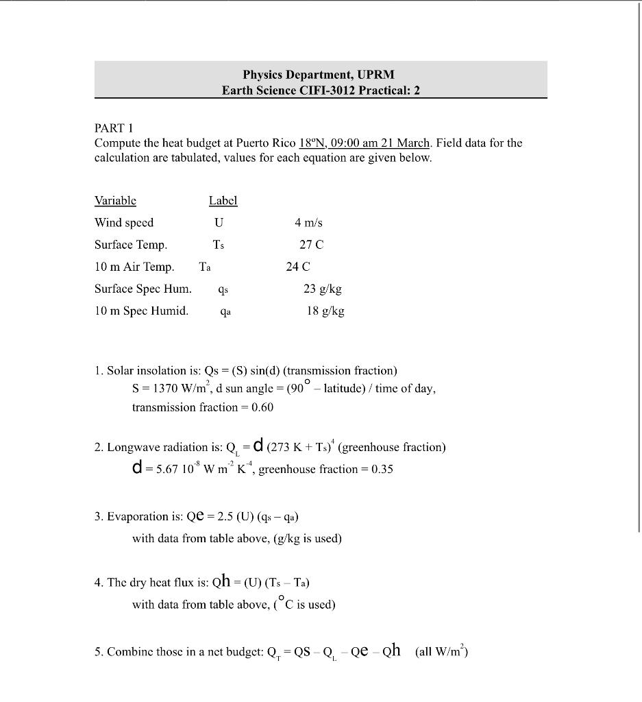 Solved PART 1 Compute the heat budget at Puerto Rico | Chegg.com