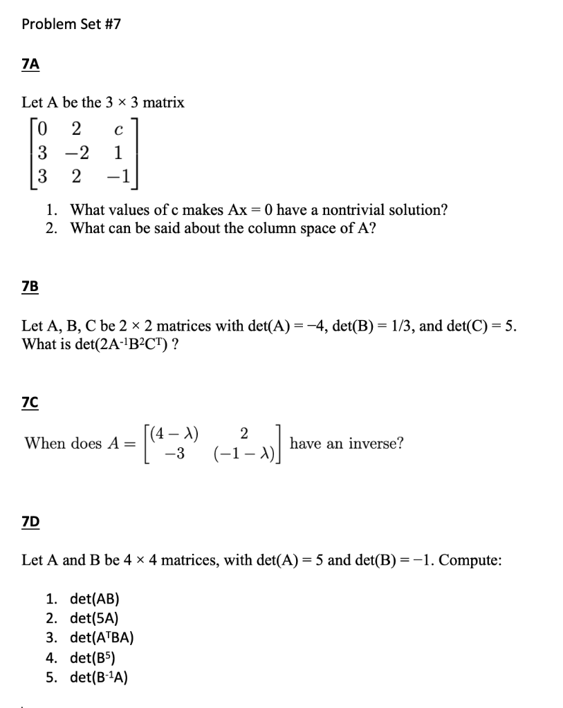 Solved Problem Set #7 7A Let A be the 3 x 3 matrix Го 2 C | Chegg.com