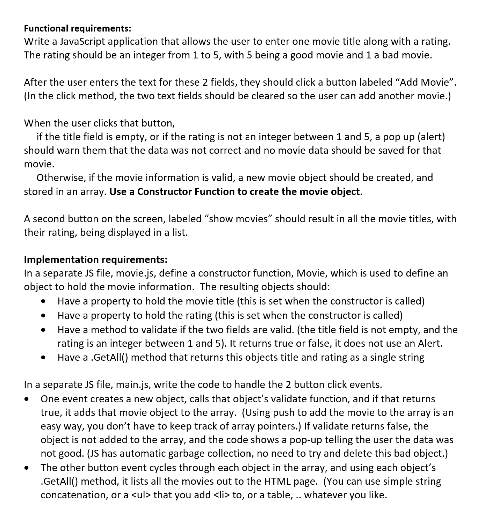 Solved Functional requirements: Write a JavaScript | Chegg.com