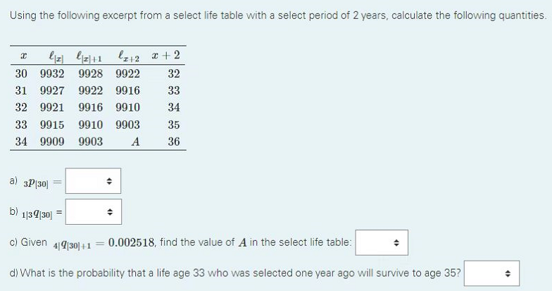 Solved Using the following excerpt from a select life table | Chegg.com