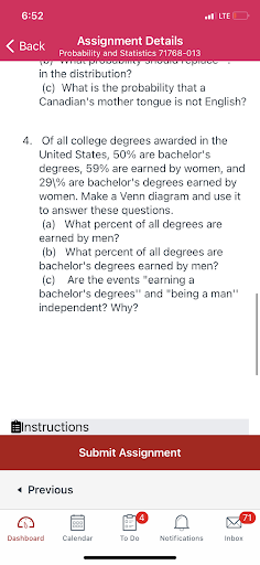 Solved 6:52 và LL Back Assignment Details Probability and | Chegg.com