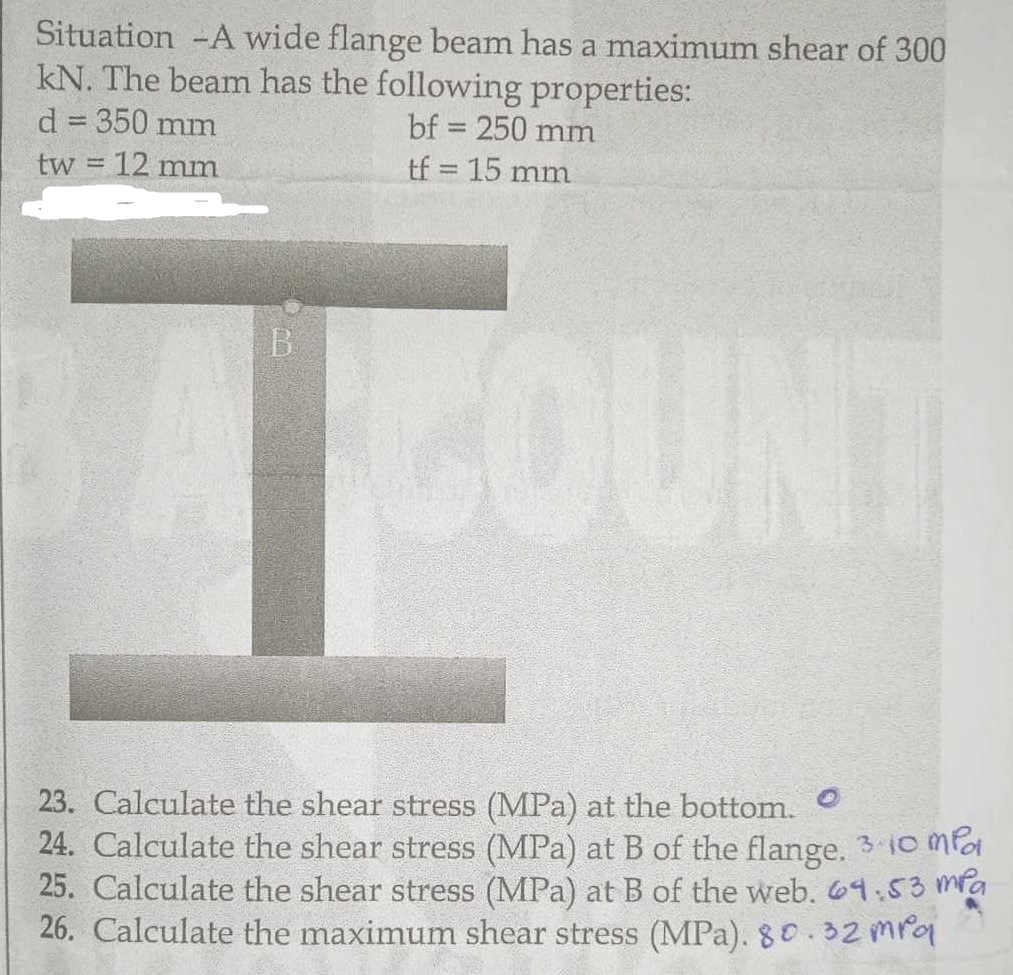 Solved a wide flange beam has a maximum shear of 300 kn. the | Chegg.com