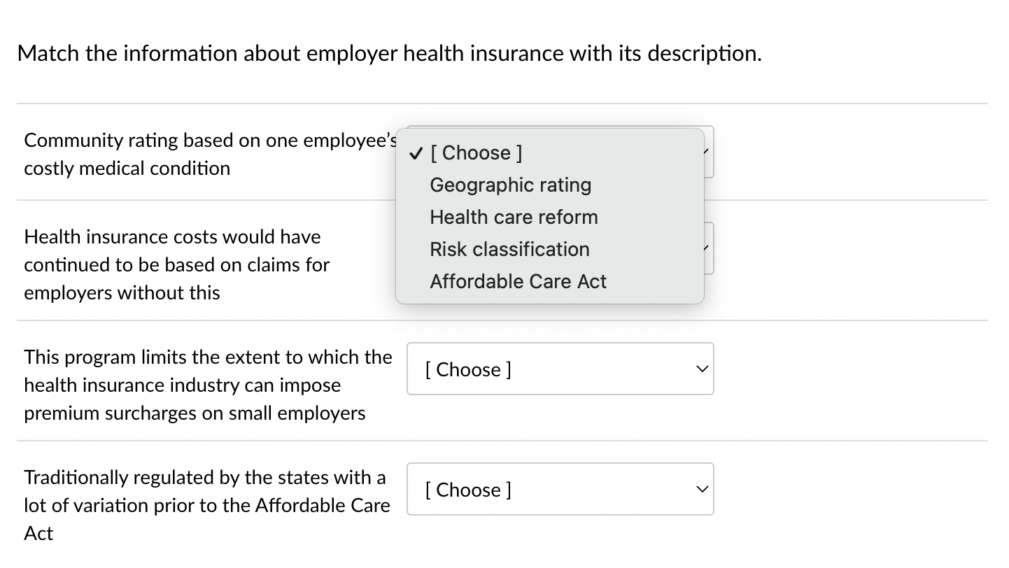 Solved Match the information about employer health insurance | Chegg.com