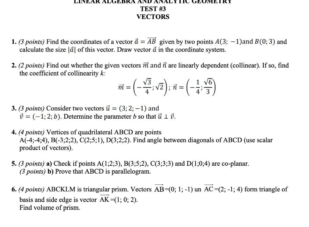 Solved LINEAR ALGEBR TEST #3 VECTORS = 1. (3 points) Find | Chegg.com