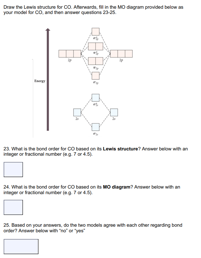 Solved Draw the Lewis structure for CO. Afterwards, fill in | Chegg.com