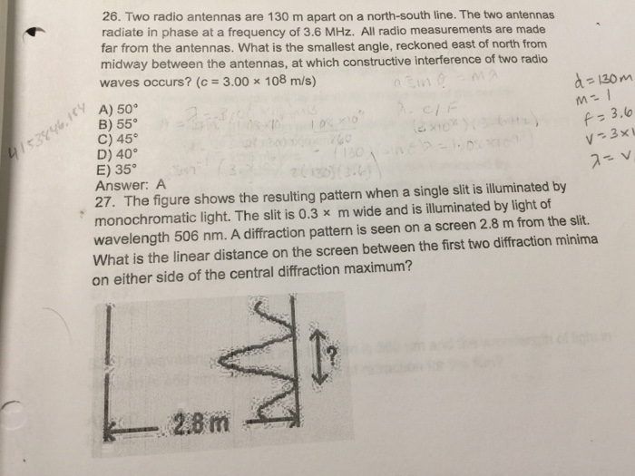 Solved 26. Two radio antennas are 130 m apart on a | Chegg.com