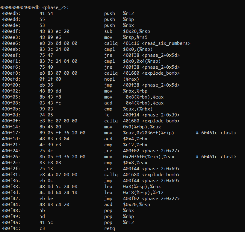 Please defuse binary bomb phase_2 0000000000400edb | Chegg.com