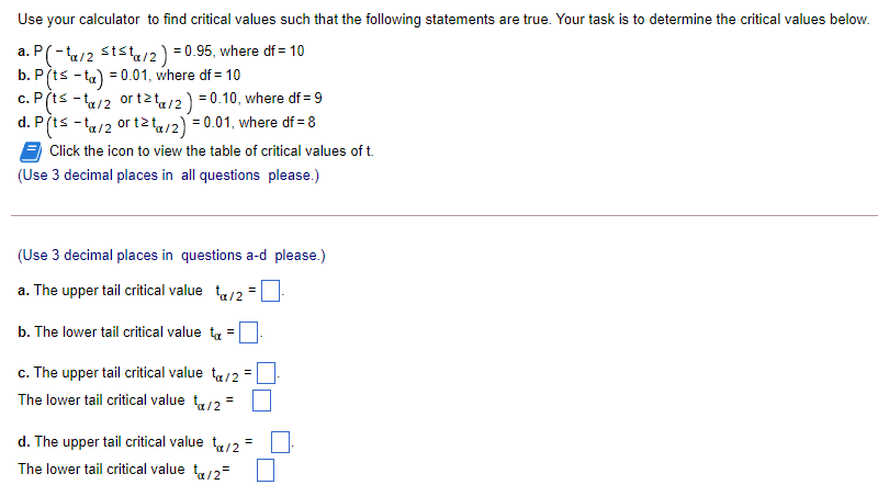 Solved Use your calculator to find critical values such that | Chegg.com