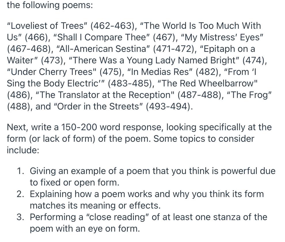 the following poems: "Loveliest of Trees" (462-463), | Chegg.com