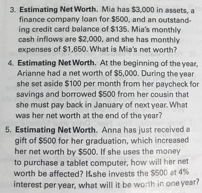 Solved 3. Estimating Net Worth. Mia has $3,000 in assets, a | Chegg.com