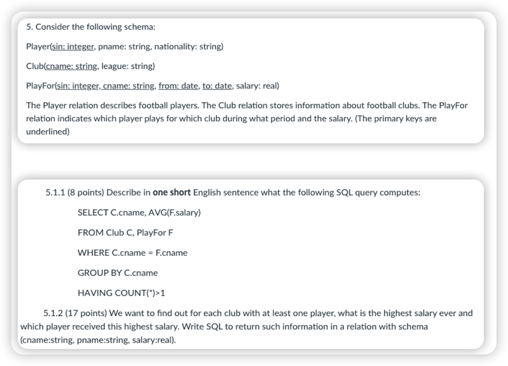 Solved 5. Consider the following schema: Player(sin: | Chegg.com