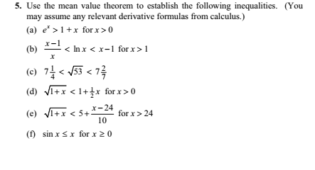 Solved (b) -1 x 5. Use the mean value theorem to establish | Chegg.com