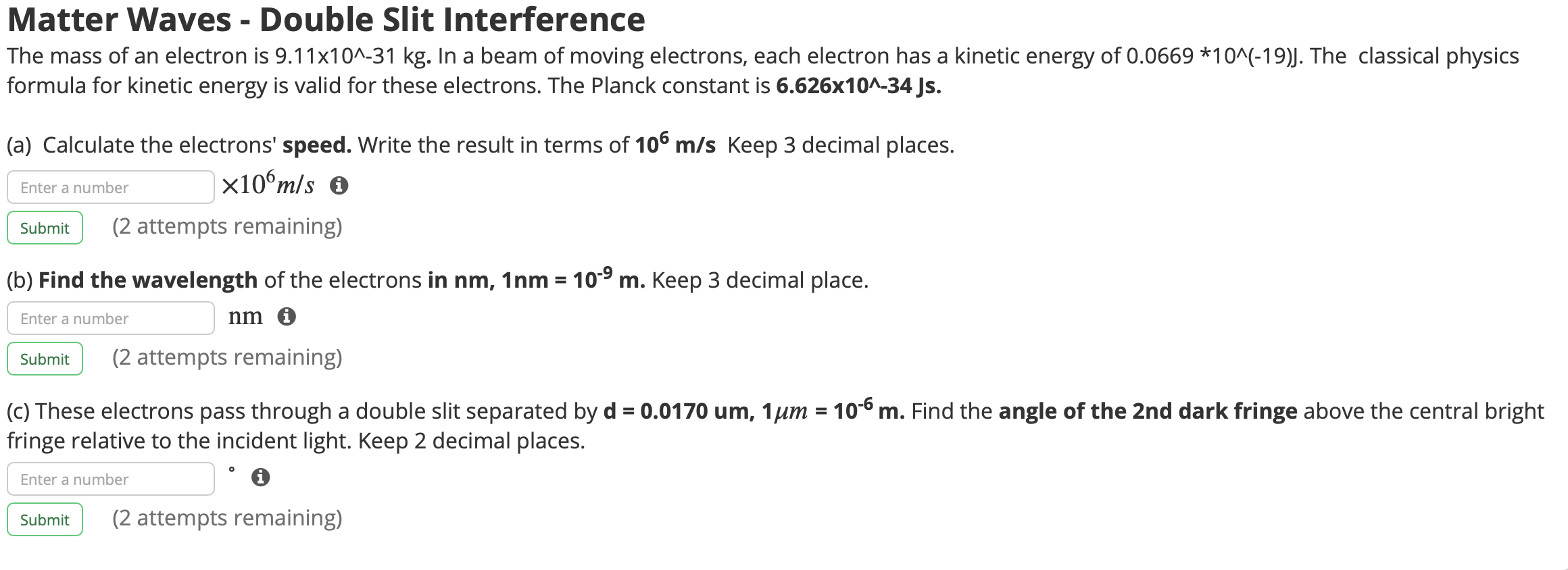 Solved Matter Waves - Double Slit Interference The mass of | Chegg.com