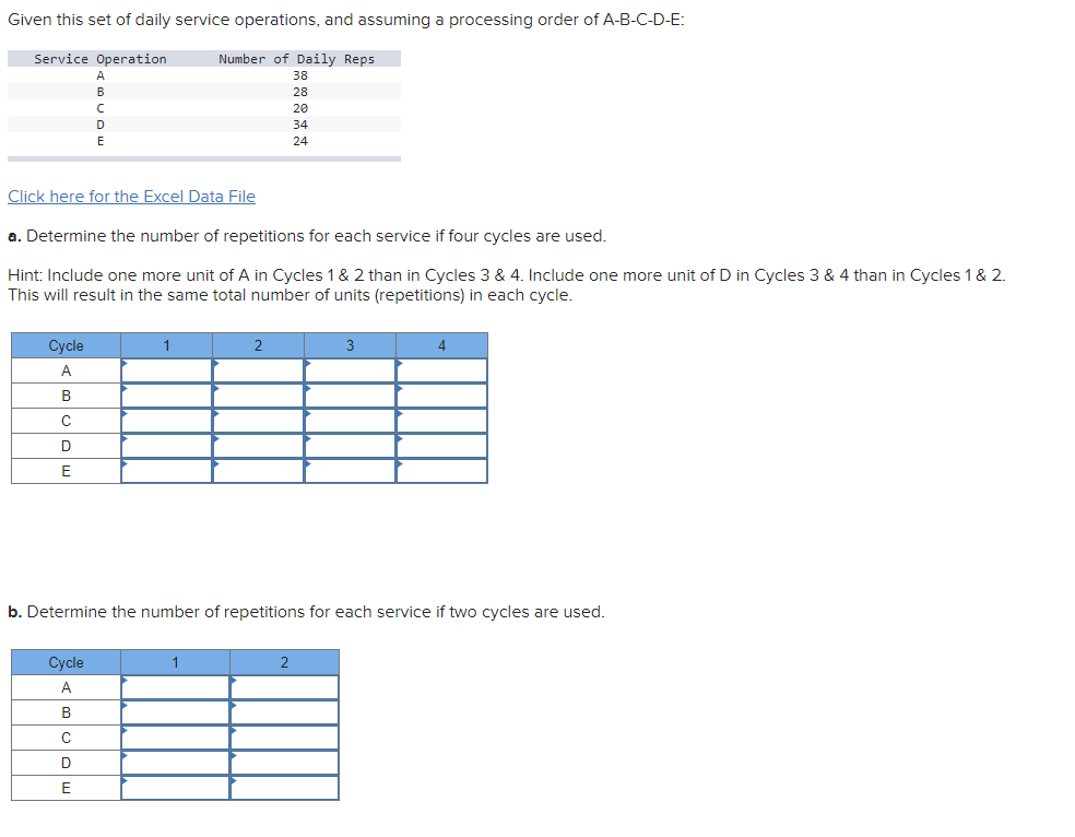 Solved Given this set of daily service operations, and | Chegg.com