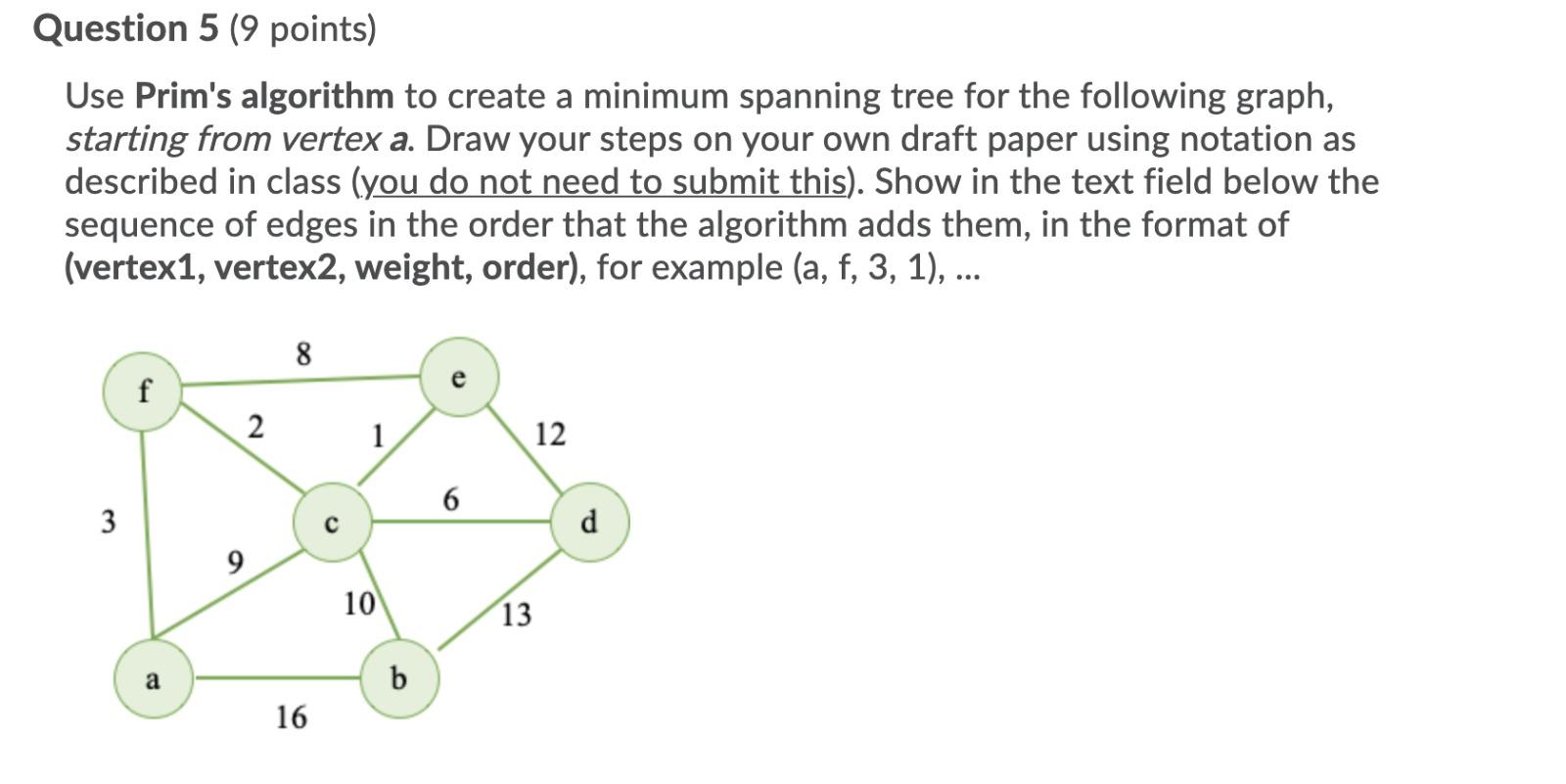 Solved Question 5 (9 points) Use Prim's algorithm to create | Chegg.com