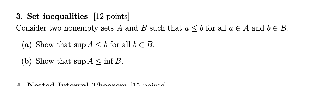 Solved 3. Set inequalities [12 points] Consider two nonempty | Chegg.com