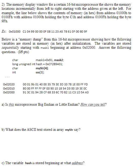 Solved 2) The memory display window for a certain 16-bit | Chegg.com