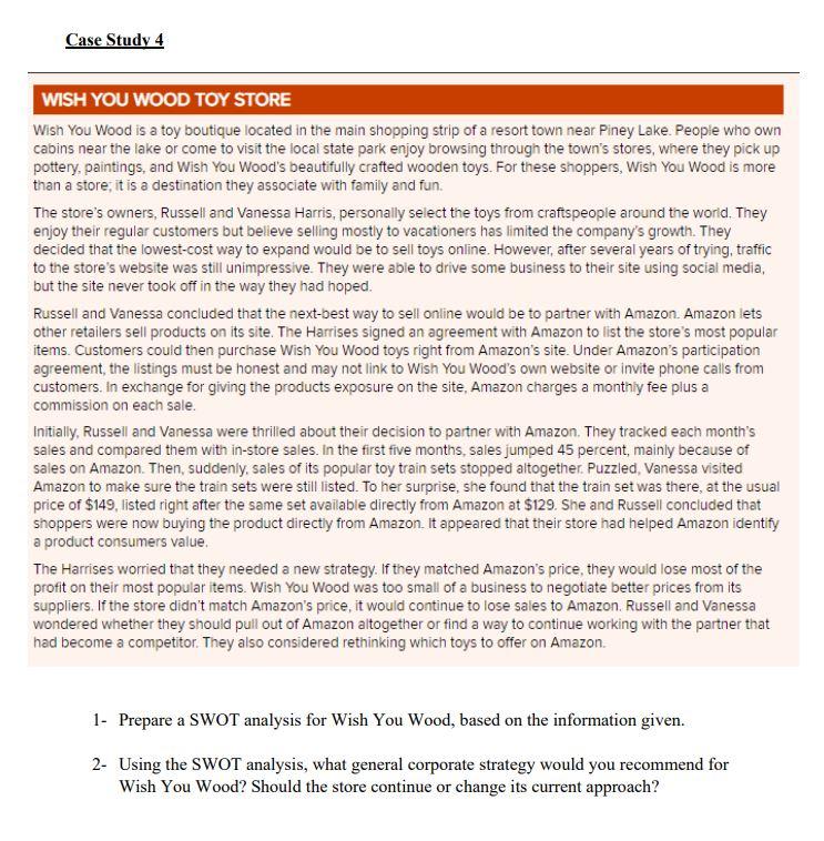 Solved Case Study 4 WISH YOU WOOD TOY STORE Wish You Wood is | Chegg.com