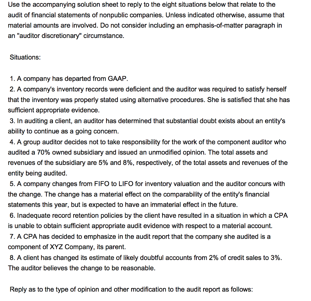 Solved Use the accompanying solution sheet to reply to the | Chegg.com