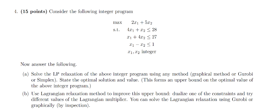 Solved 4. (15 points) Consider the following integer program | Chegg.com