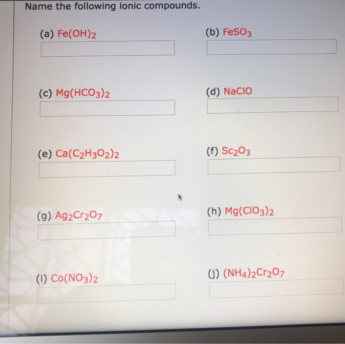 Solved Name the following ionic compounds. (a) Fe(OH)2 (b) | Chegg.com