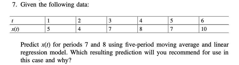 Solved 7. Given the following data: Predict x(t) for periods | Chegg.com