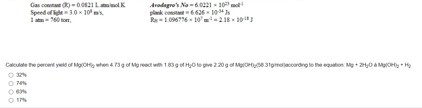 Solved Gas constant (R) = 0.0821 L.atm/mol.K Speed of light | Chegg.com