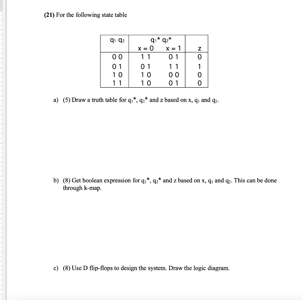 (21) For the following state table a) (5) Draw a | Chegg.com