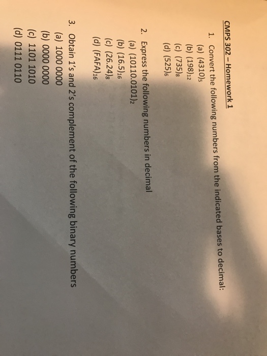 Solved CMPS 302-Homework 1 Convert the following numbers | Chegg.com