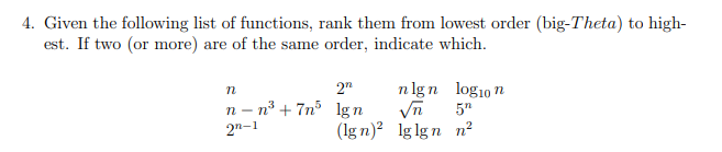 Solved 4. Given the following list of functions, rank them | Chegg.com