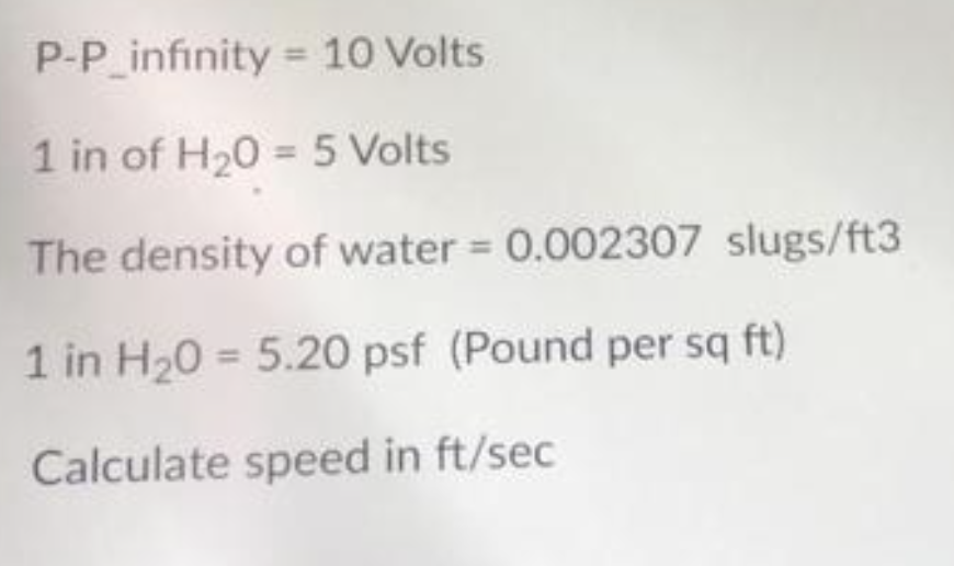 Solved P-P_infinity =10 Volts 1 in of H2O=5 Volts The | Chegg.com