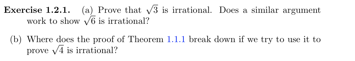 Exercise 1.2.1. (a) Prove that V3 is irrational. Does | Chegg.com