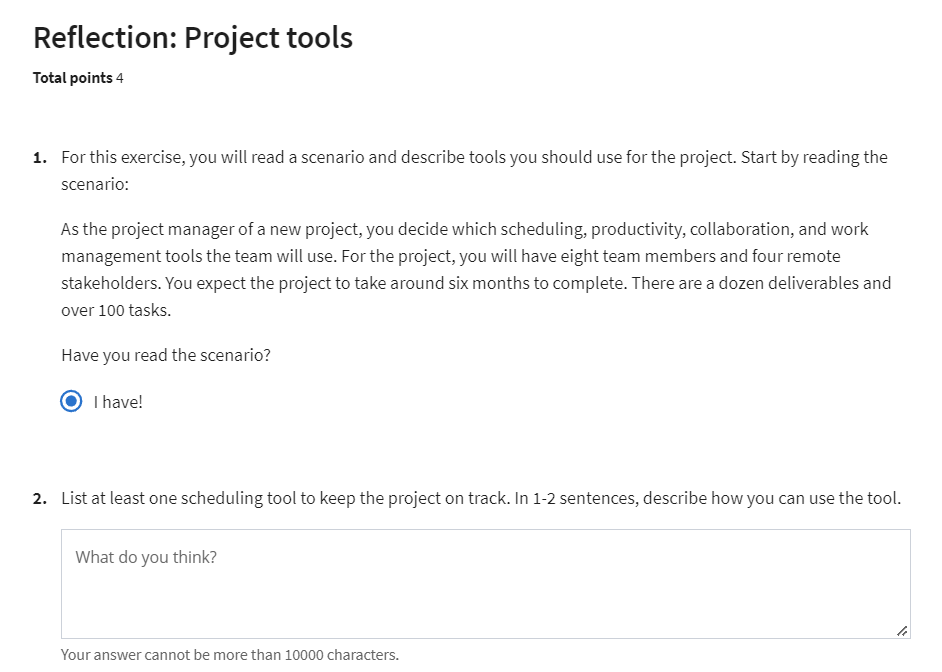 Solved Reflection: Project tools Total points 4 1. For this | Chegg.com
