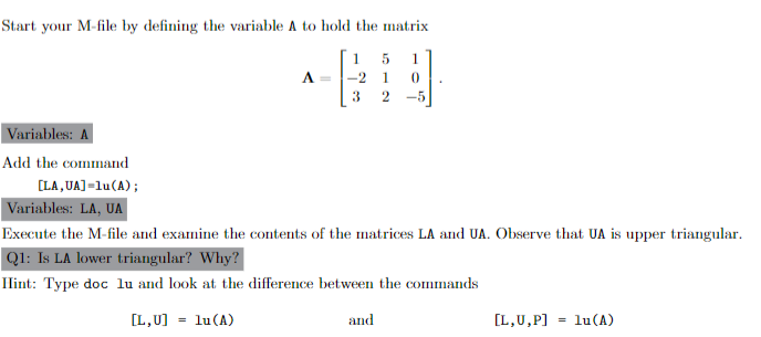 Solved Start your M-file by defining the variable A to hold | Chegg.com