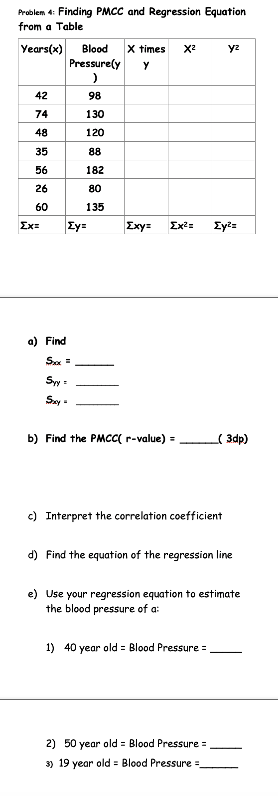 Solved Problem 4: Finding PMCC and Regression Equation from | Chegg.com