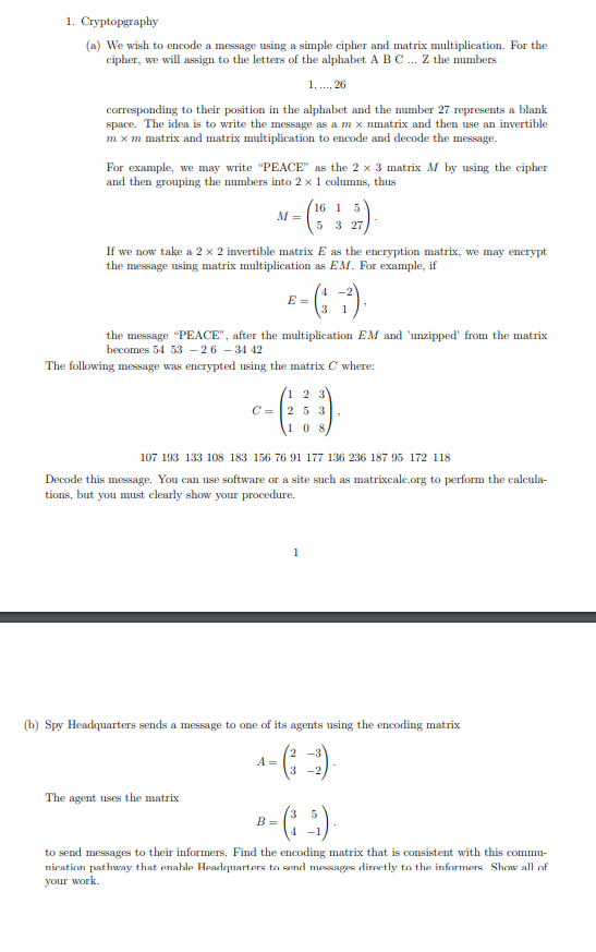 Solved Cryptopgraphy(a) We ﻿wish to ﻿encode a message using | Chegg.com
