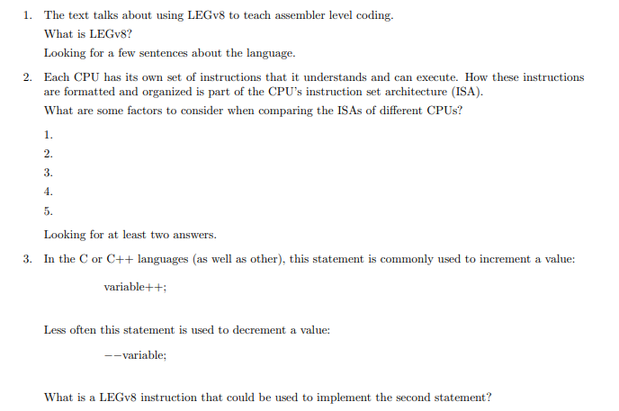 Solved 1. The text talks about using LEGv8 to teach | Chegg.com
