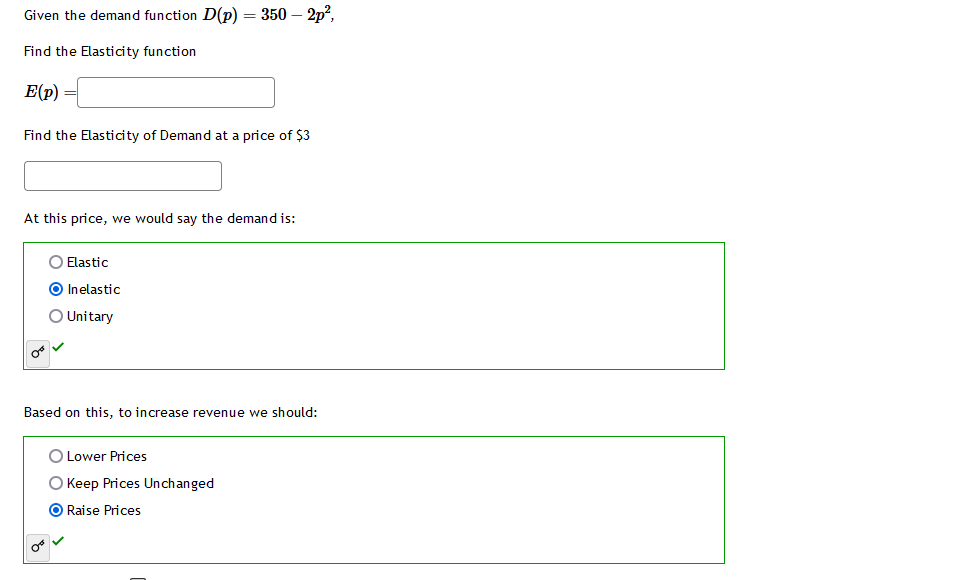Solved Given the demand function D(p)=350−2p2, Find the | Chegg.com