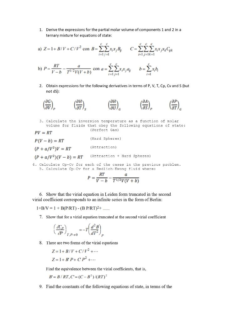 Solved 1. Derive the expressions for the partial molar | Chegg.com