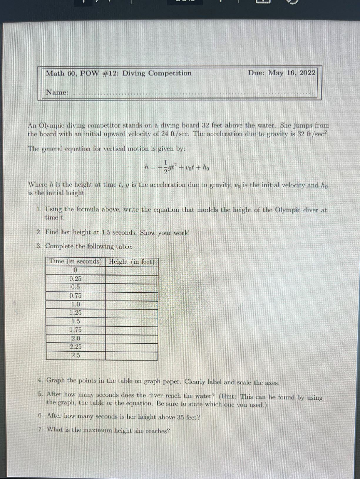 Solved UJ Math 60, POW #12: Diving Competition Due: May 16, | Chegg.com