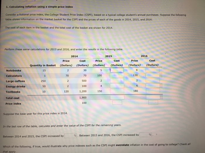 Solved 1. Calculating inflation using a simple price index | Chegg.com