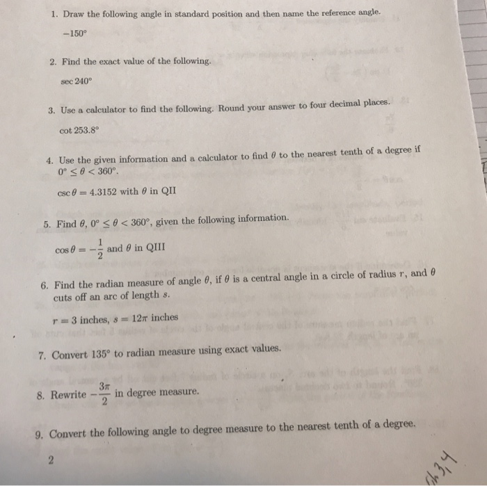 Solved 1. Draw the following angle in standard position and | Chegg.com